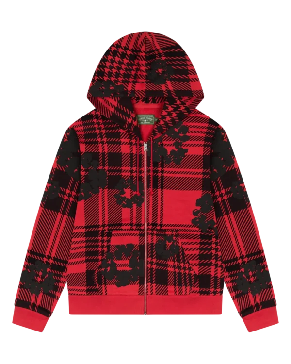 Denim Tears Plaid Cotton Wreath Zip Red Hoodie | Shop Now!